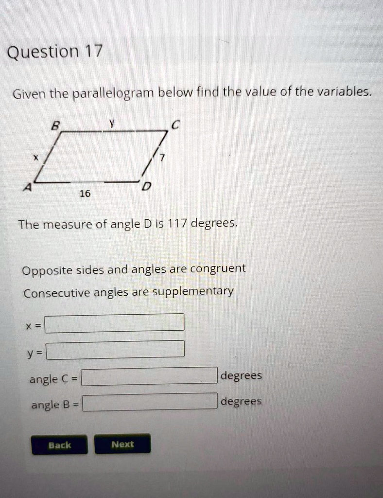 Question 17 Given The Parallelogram Below Find The Value Of The Variables 16 The Measure Of