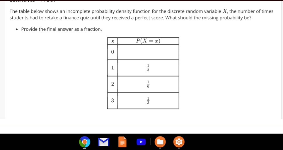 SOLVED: The table below shows an incomplete probability density function for the discrete random ...