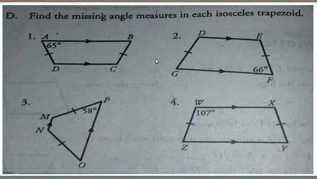 SOLVED: Find the missing angle measures in each isosceles trapezoid. 66 ...