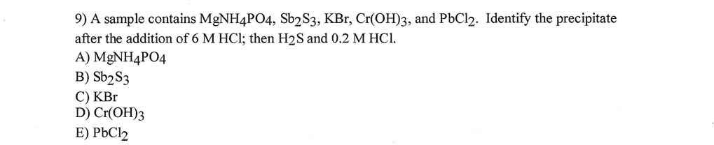 SOLVED: A sample contains MgNH4PO4, Sb2S3, KBr, Cr(OH)3, and PbCl2 ...