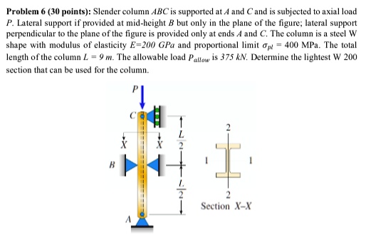 Problem 6 (30 points): Slender column ABC is supported at A and C and ...