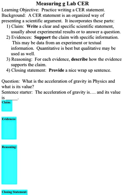 SOLVED: Measuring g Lab CER Learning Objective: Practice writing CER ...