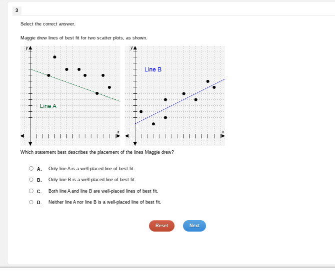 3 Select the correct answer. Maggie drew lines of best fit for two scatter plots, as shown ...
