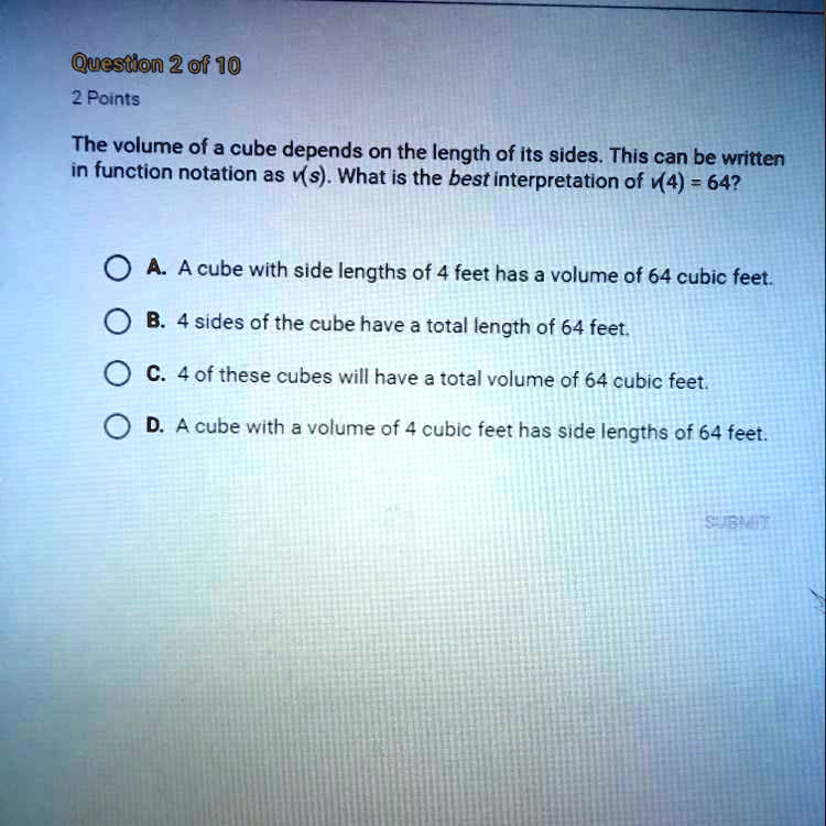 SOLVED: 'Can you help me please? Quesion 2 @f 10 2 Points The volume of ...