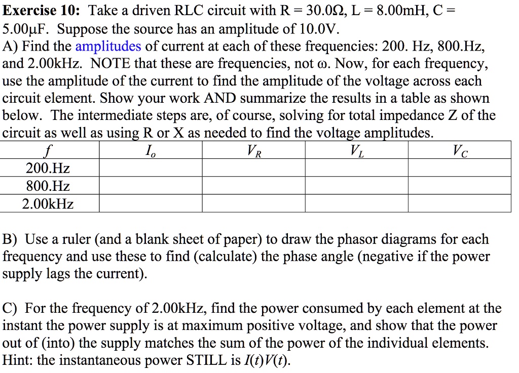 SOLVED: Exercise 10: Take a driven RLC circuit with R = 30.0Î©, L = 8.00mH, C = 5.00uF. Suppose ...