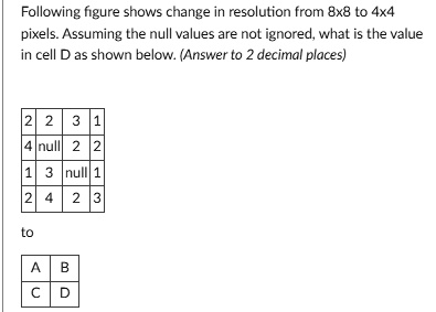 Following figure shows change in resolution from 8x8 to 4x4 pixels. Assuming the null values are ...