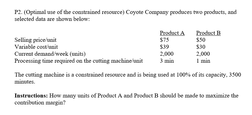 P2. (Optimal use of the constrained resource) Coyote Company produces two products, and selected ...