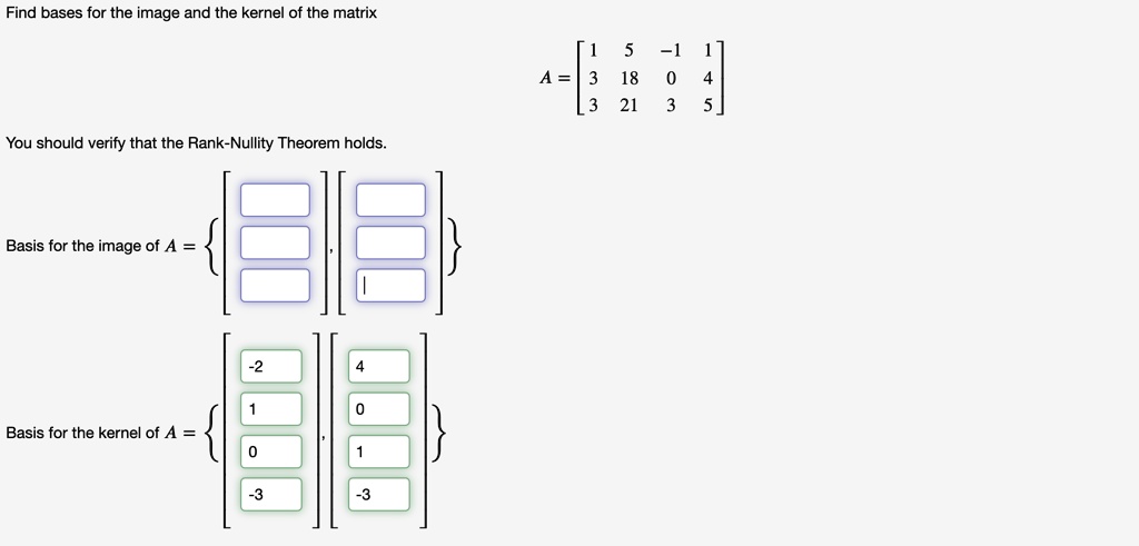 SOLVED: Find bases for the image and the kernel of the matrix A = 18 ...