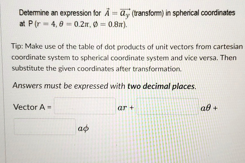 Determine an expression for A⃗ = a⃗y⃗ (transform) in spherical ...