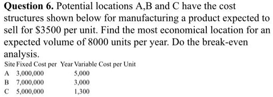 SOLVED: Question 6. Potential locations A, B, and C have the cost ...
