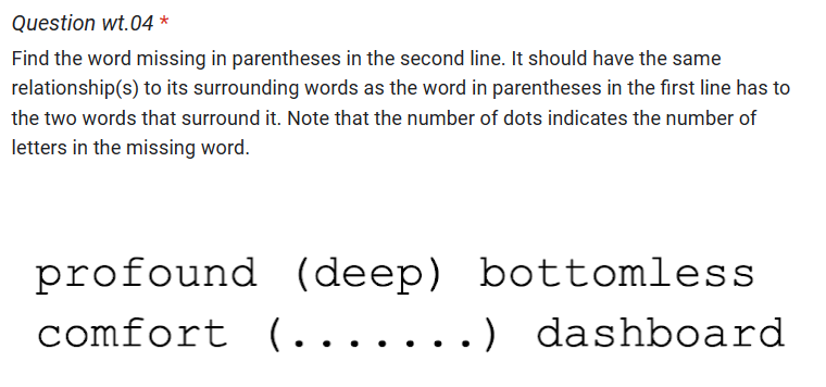 Question wt. 04 * Find the word missing in parentheses in the second line. It should have the ...