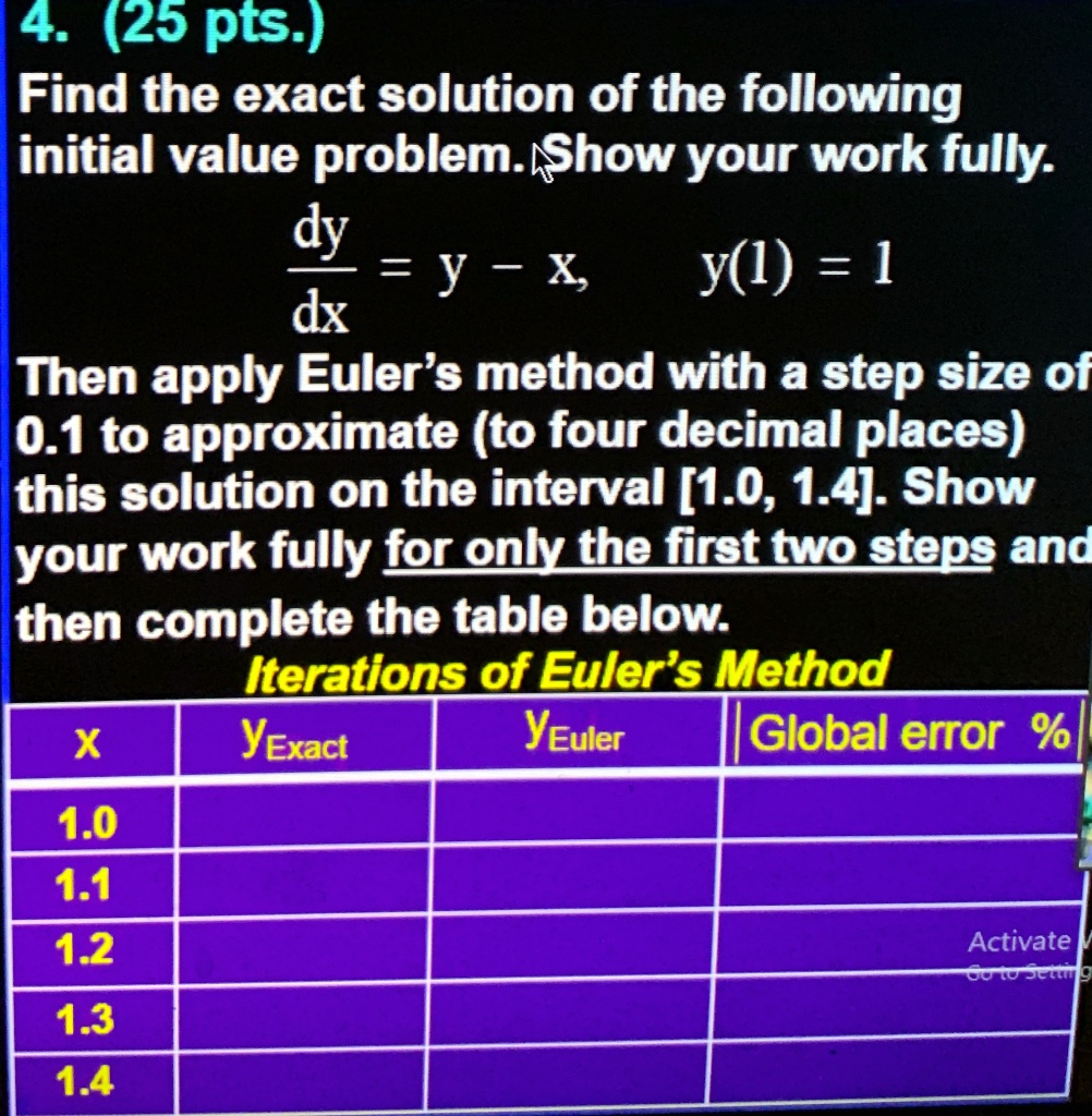 SOLVED: 4. (25 pts: Find the exact solution of the following initial value problem AShow your ...