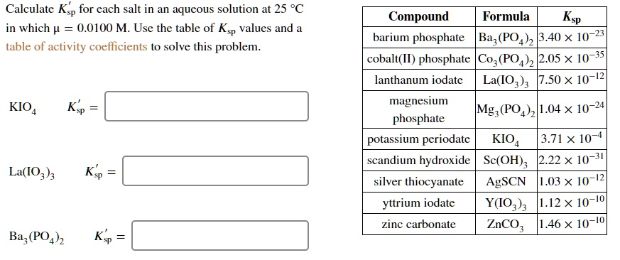 SOLVED:Calculate Ksp for each salt in an aqueous solution at 25 PC in which p = 0.0100 M: Use ...