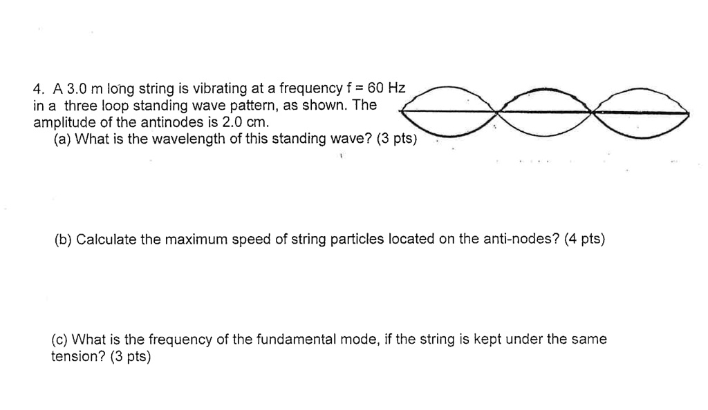 4. A 3.0 m long string is vibrating at a frequency f = 60 Hz in a three loop standing wave ...