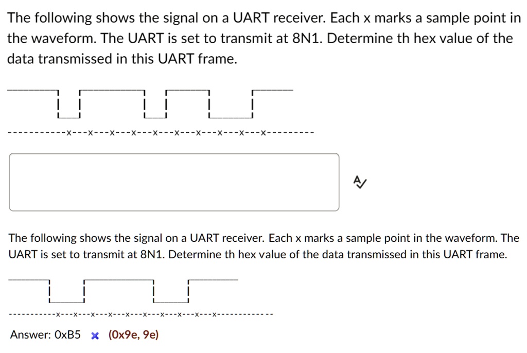 SOLVED: The following shows the signal on a UART receiver. Each x marks a sample point in the ...