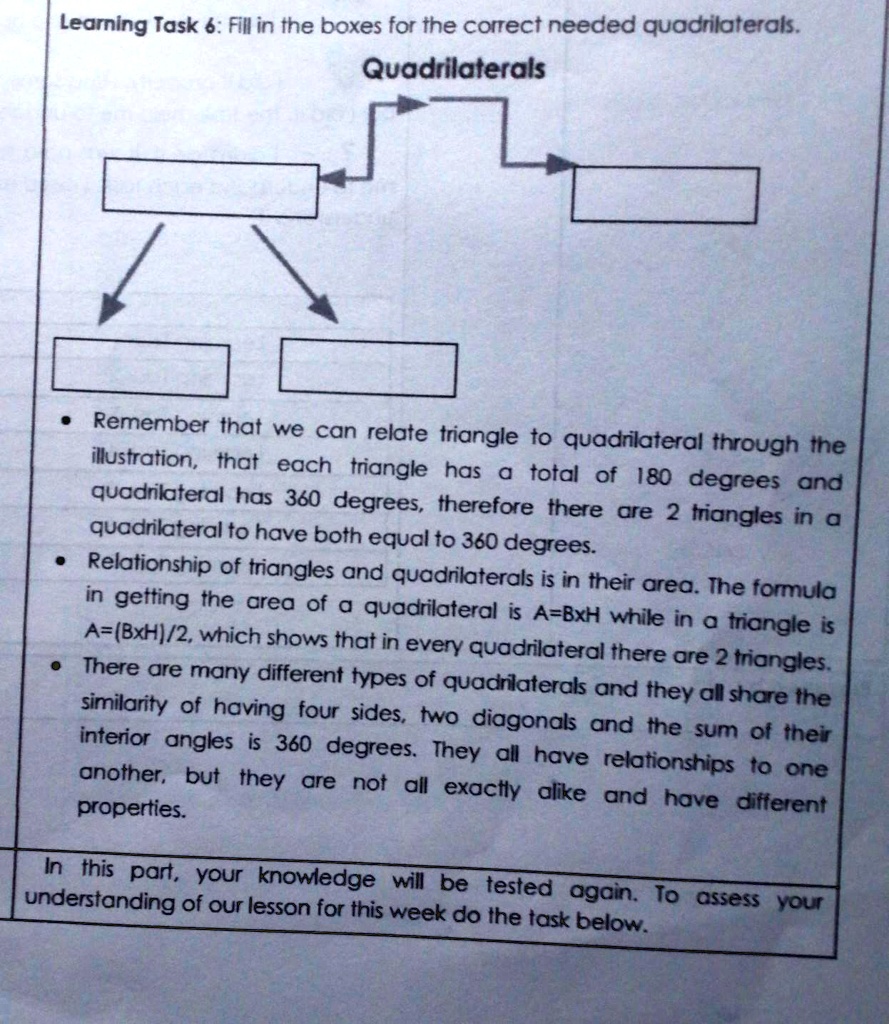 SOLVED: Learning Task 6: Fill in the boxes for the correct needed quadrilaterals. Sana maayos ...