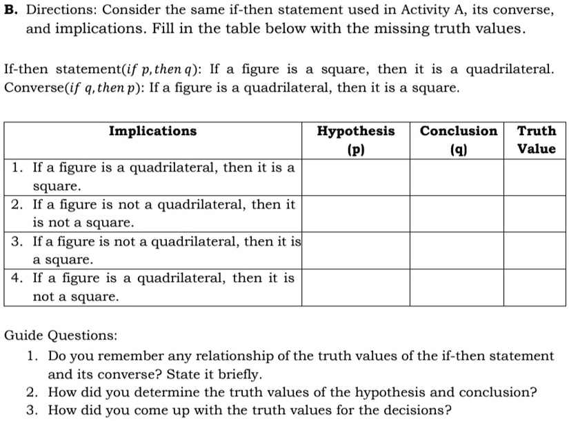 SOLVED: B. Directions: Consider the same if-then statement used in Activity A, its converse, and ...