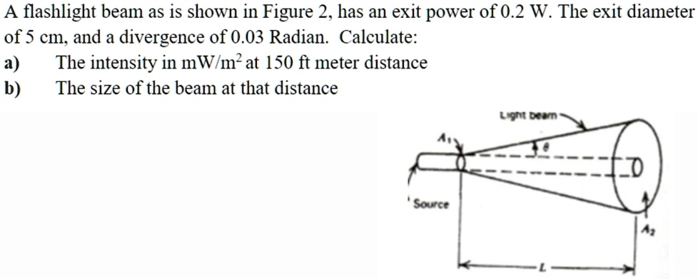 A flashlight beam as is shown in Figure 2, has an exit power of 0.2 W ...