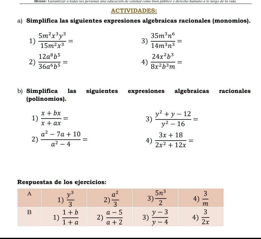 SOLVED: Simplifica las siguientes expresiones algebraicas racionales ...