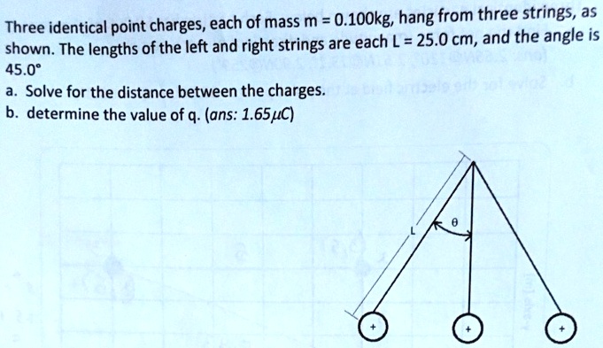 SOLVED: Three identical point charges, each of mass m = 0.100 kg, hang from three strings, as ...
