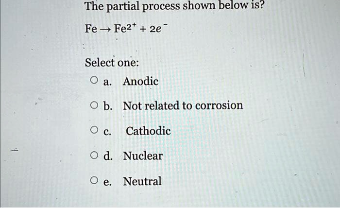 SOLVED: The partial process shown below is: Fe - Fe2+ + 2e Select one ...