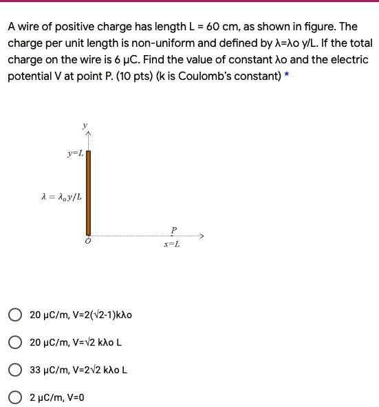 SOLVED: A wire of positive charge has length L 60 cm, as shown in ...