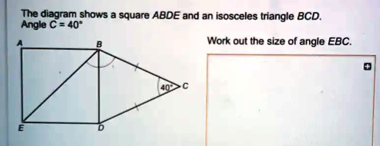 SOLVED: The diagram shows a square ABDE and an isosceles triangle BCD. Angle € = 40" Work out ...