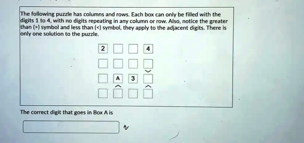 SOLVED: The following puzzle has columns and rows. Each box can only be filled with the digits 1 ...