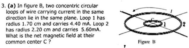 3. (a) In figure B, two concentric circular loops of wire carrying current in the same direction ...