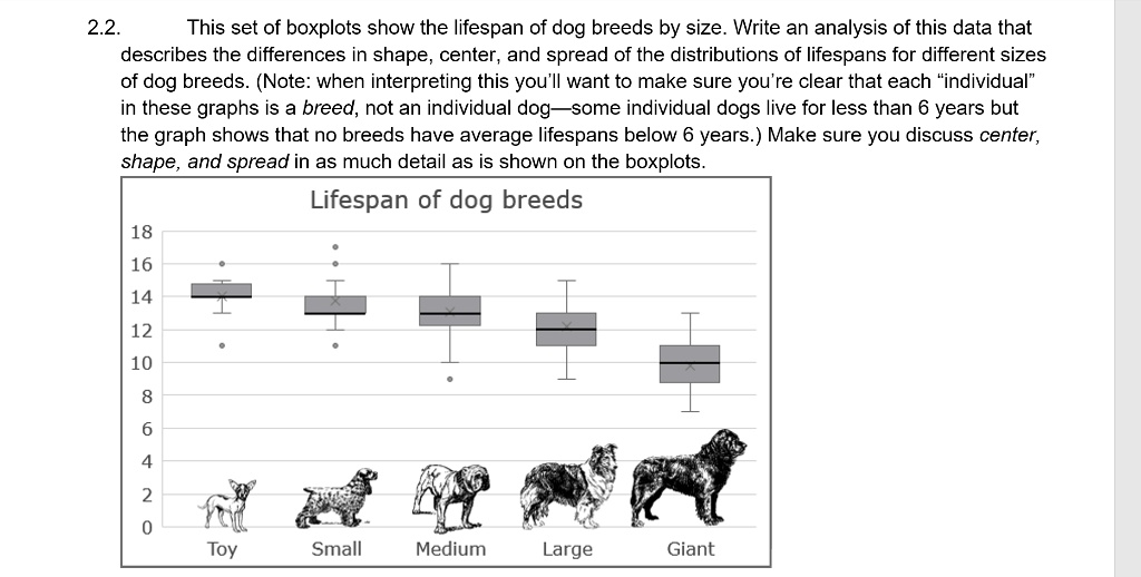 SOLVED:2.2. This set of boxplots show the lifespan of dog breeds by ...