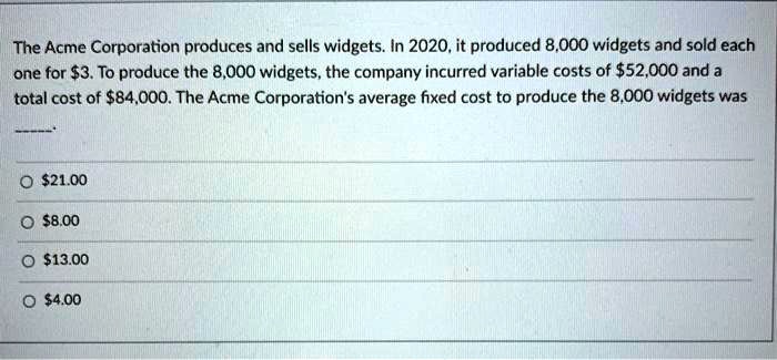 The Acme Corporation produces and sells widgets. In 2020, it produced ...