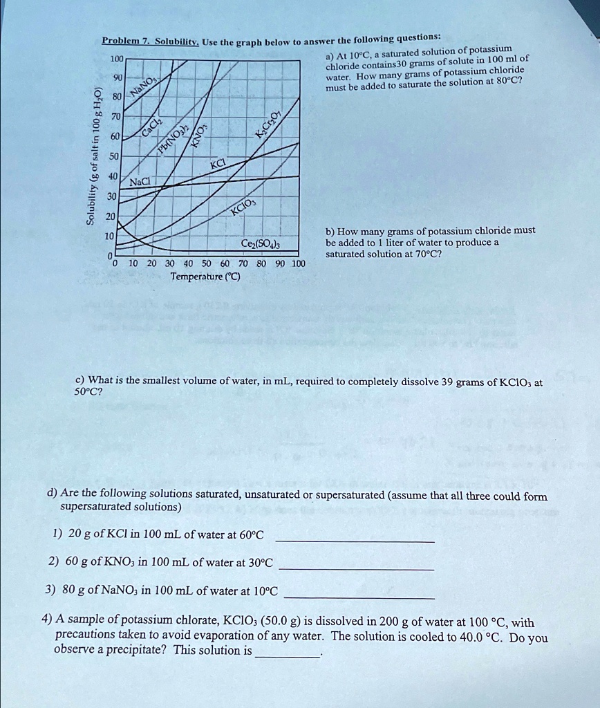 SOLVED: Problem 7: Solubility Use the graph below to answer the following questions: a) At 10°C ...