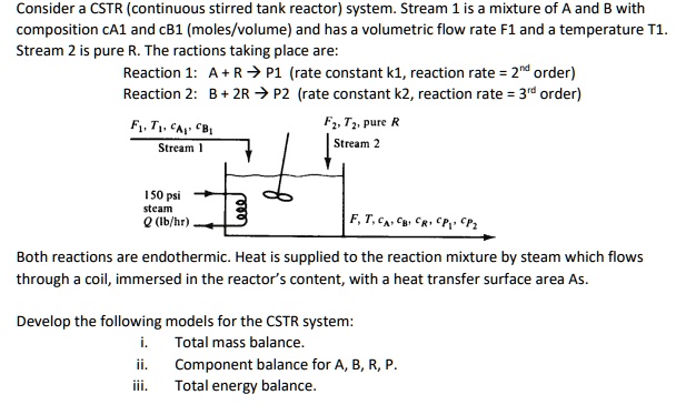 SOLVED: Consider a CSTR (continuous stirred tank reactor) system. Stream 1 is a mixture of A and ...