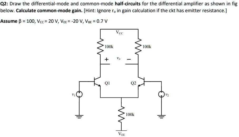 Q2: Draw the differential-mode and common-mode half-circuits for the differential amplifier as ...