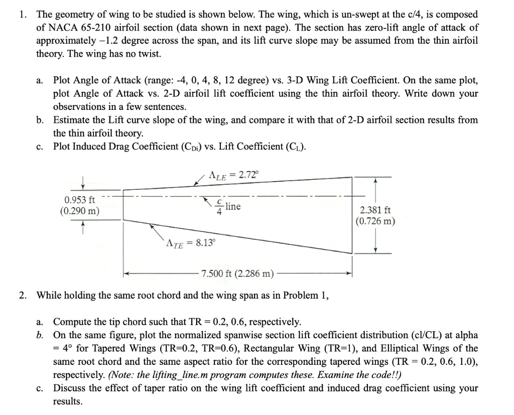 1. The geometry of wing to be studied is shown below. The wing, which is un-swept at the c/4, is ...