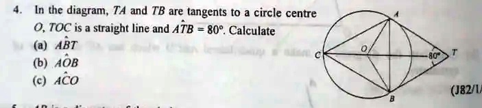 In the diagram, TA and TB are tangents to a circle with center O. TOC is a straight line and ATB ...