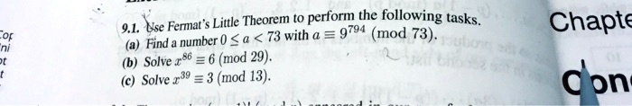 SOLVED: Fermat's Little Theorem to perform the following tasks. 9.1. Use 0