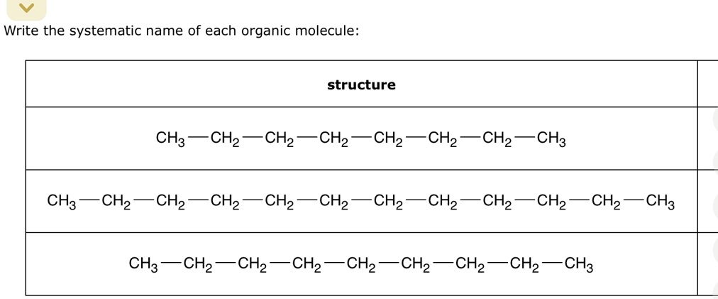 Write the systematic name of each organic molecule: structure CH3-CH2 ...