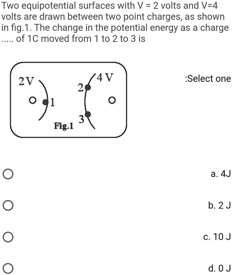 SOLVED:Two equipotential surfaces with V = 2 volts and V=4 volts are ...