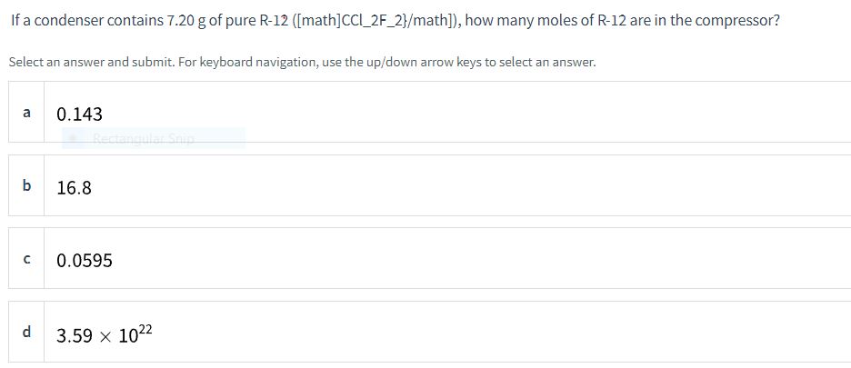 If a condenser contains 7.20 g of pure R-12 ([math]CCl2F2}/math ...