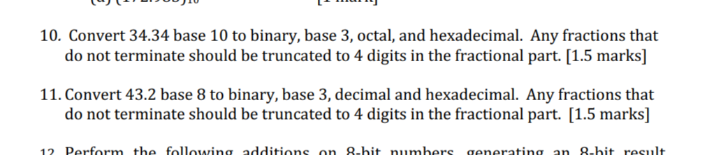 10. Convert 34.34 base 10 to binary, base 3, octal, and hexadecimal ...