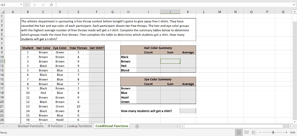 SOLVED: - Use the COUNTIF function in cell I10 to determine the number of students with black ...