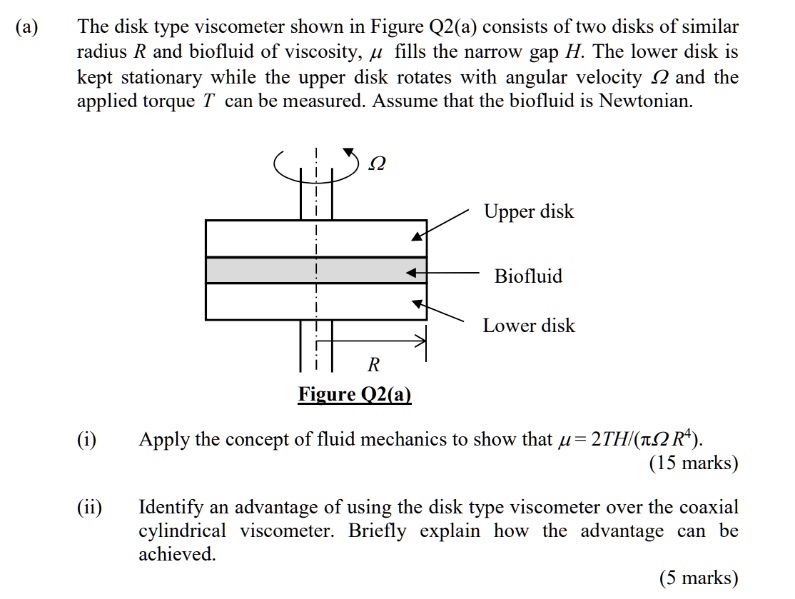 SOLVED: The disk type viscometer shown in Figure Q2(a) consists of two disks of similar radius R ...