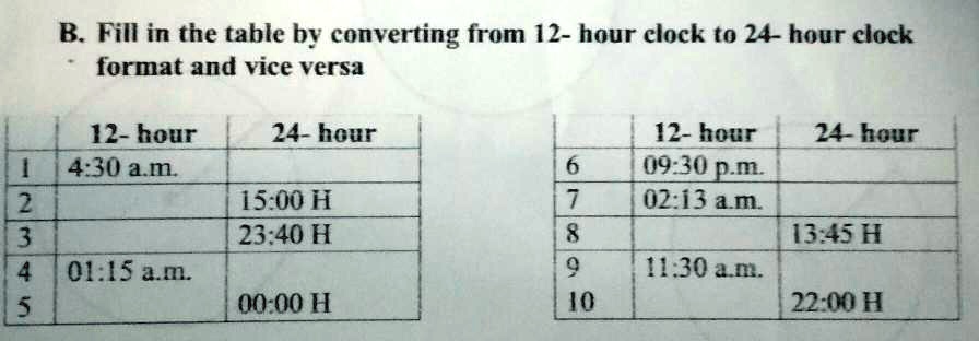 B. Fill in the table by converting from 12-hour clock to 24-hour clock ...