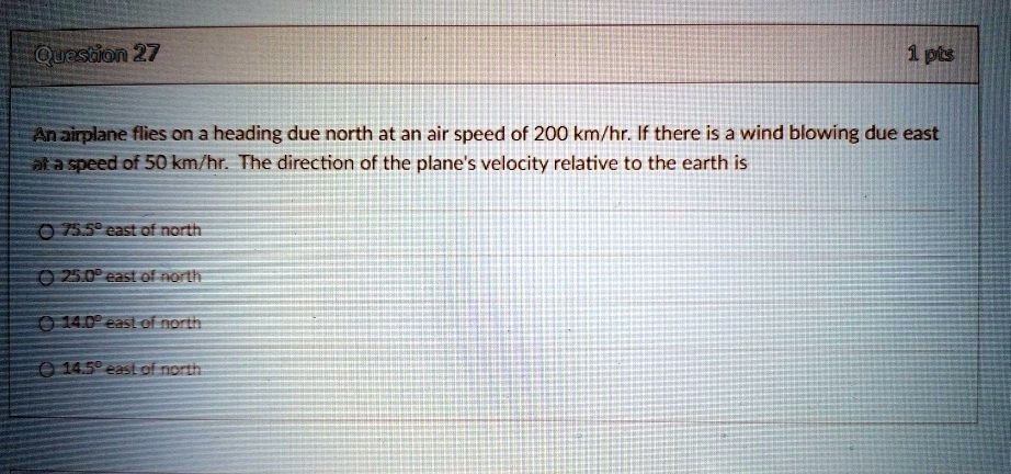SOLVED: Queston 27 1pts An airplane flies on a heading due north at an ...