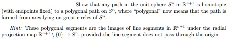 SOLVED:Show that anv path in the unit sphere S" Rn+1 is homotopic (with endpoints fixed) to a ...