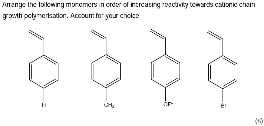 Arrange the following monomers in order of increasing reactivity ...
