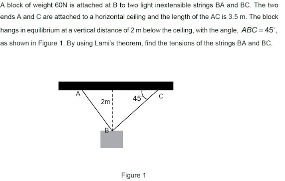 SOLVED: A block of weight 6ON is attached at B to two light inextensible strings BA and BC. The ...