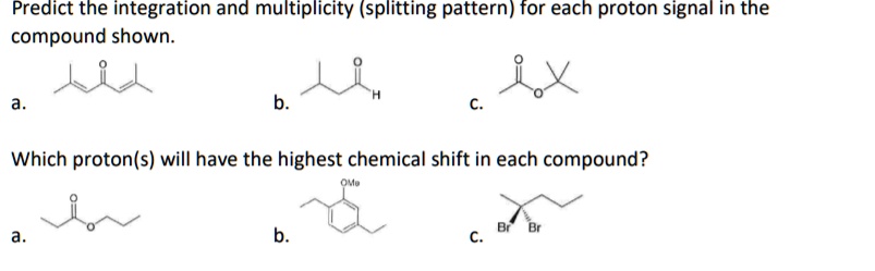 Predict the integration and multiplicity (splitting pattern) for each proton signal in the ...
