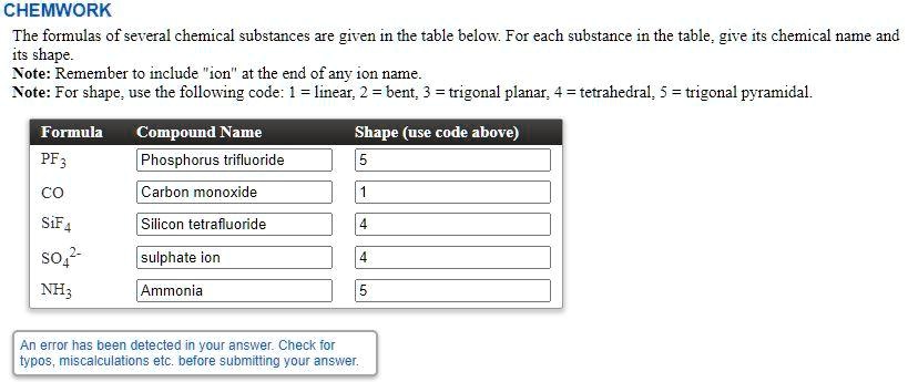 SOLVED: CHEMWORK The formulas of several chemical substances are given in the table below: For ...